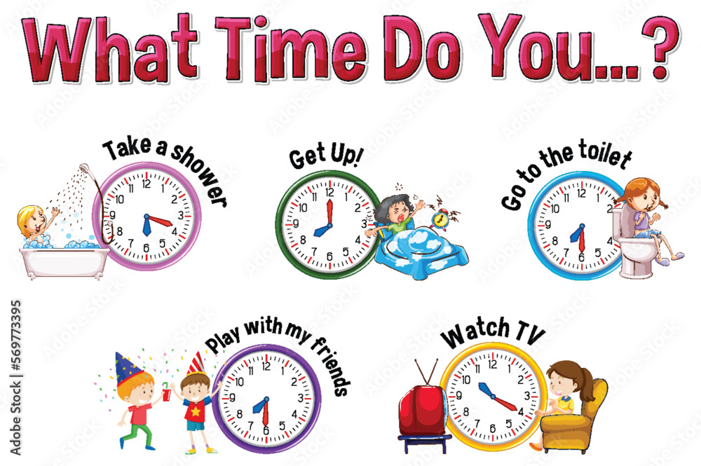Daily routine with time and cartoon characters Stock Vector | Adobe Stock