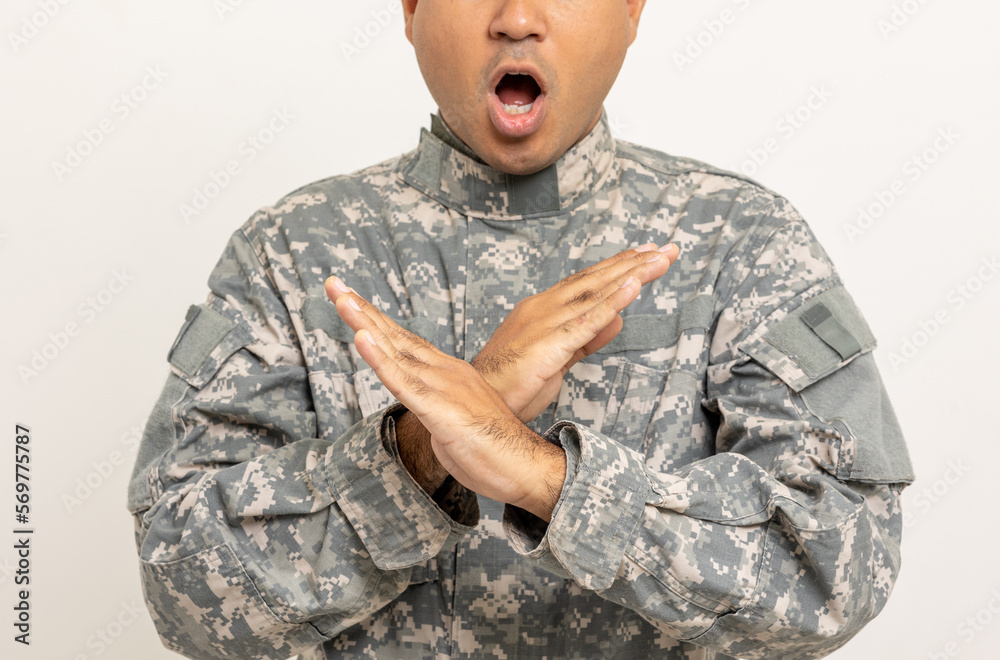 Don't sign stop war. Asian man special forces soldier standing with ...