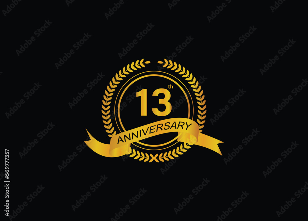 13th golden anniversary logo with ring and ribbon, laurel wreath vector ...