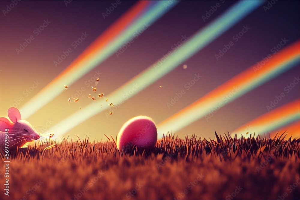 A delicate mouse is captured in the soft light of sunset, surrounded by ...