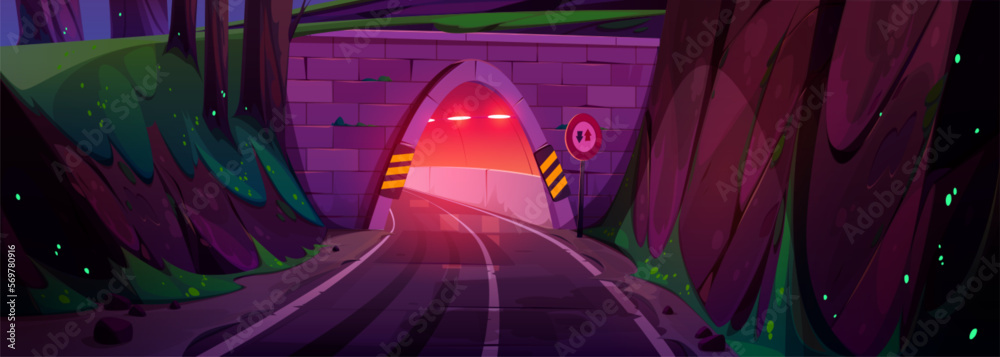 Car road and tunnel entrance. Countryside mountain landscape with empty ...