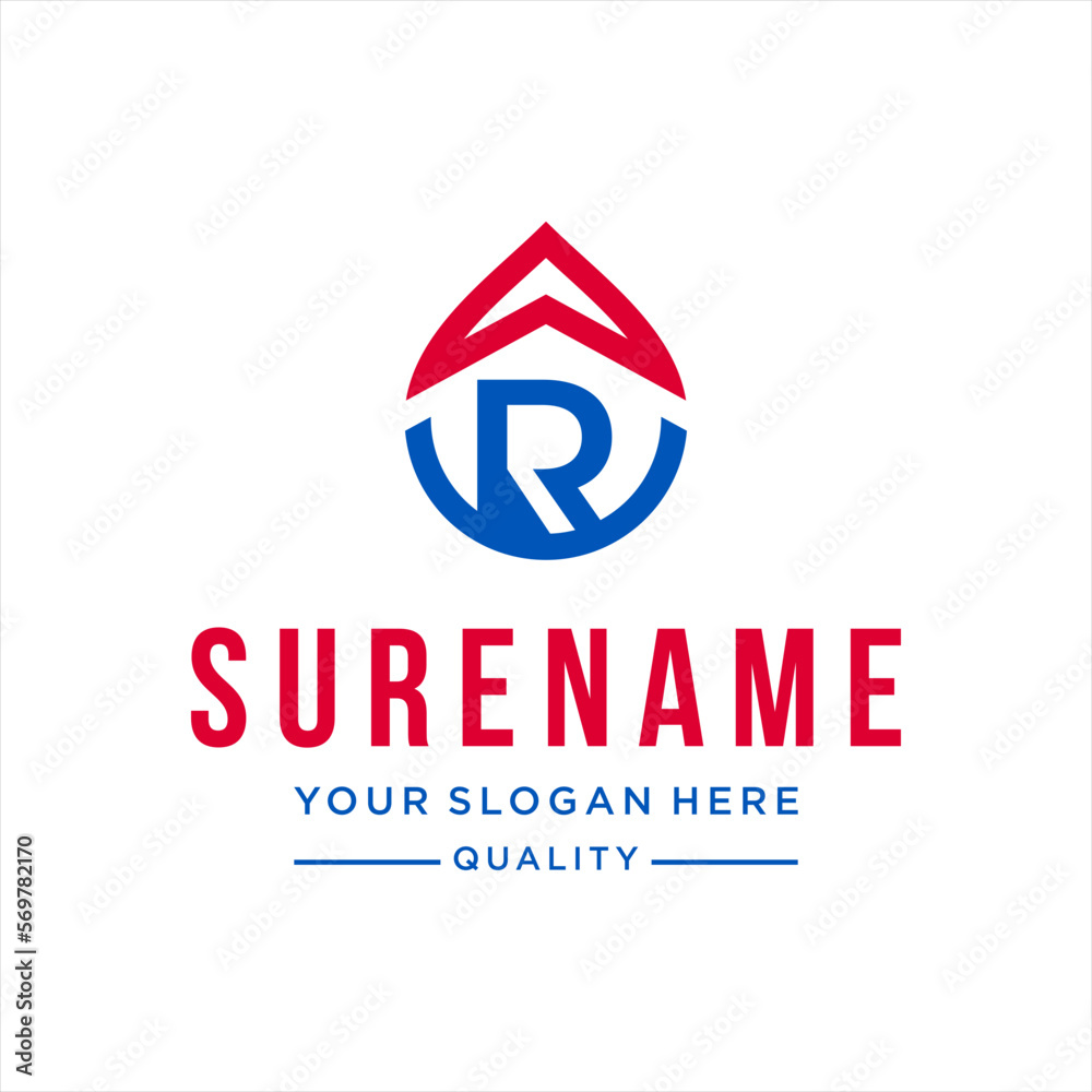 abstract initial letter R typography logo design water drop arrow roof ...