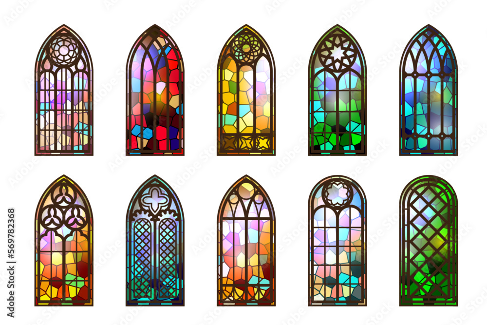 Gothic stained glass windows. Church medieval arches. Catholic ...