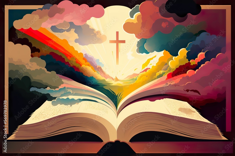 Bible illustration open book landscape art paradise sun light prayer ...