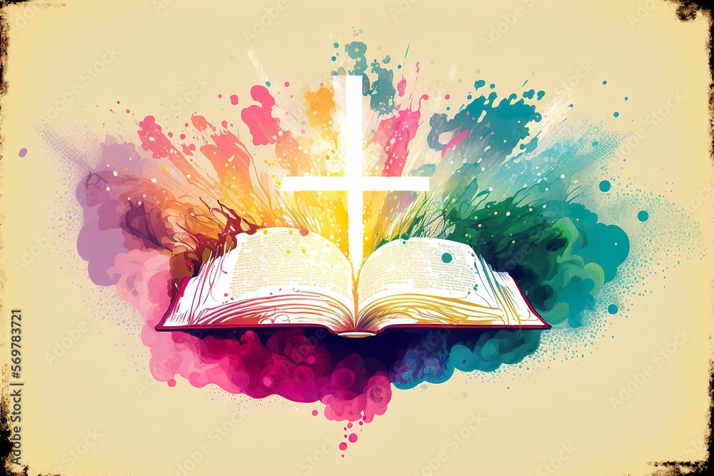 Bible illustration open book landscape art paradise sun light prayer ...