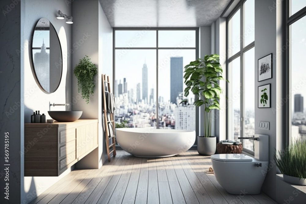 Front view on bright bathroom interior with bathtub, empty white wall ...