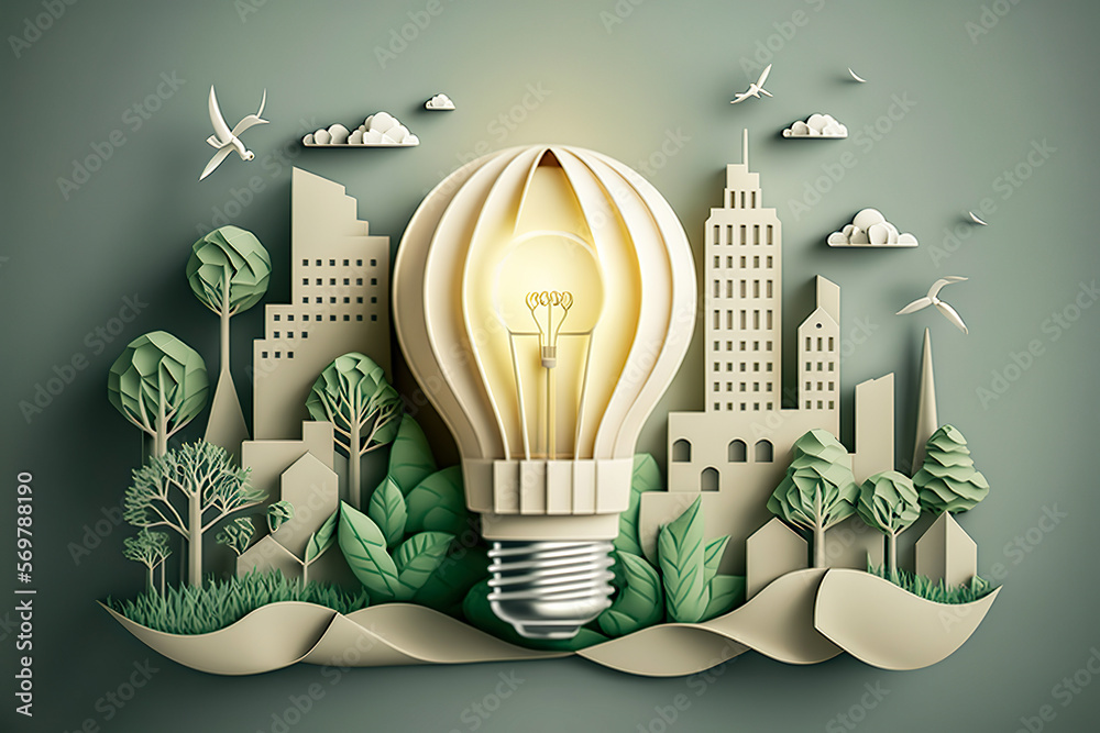 Paper cut of light bulb with green eco city , Renewable energy by 2050 ...