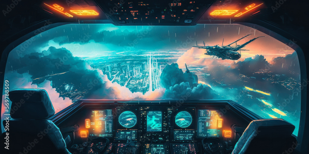 Bird's eye view of a neon city from pilot's aircraft. Cockpit pov ...