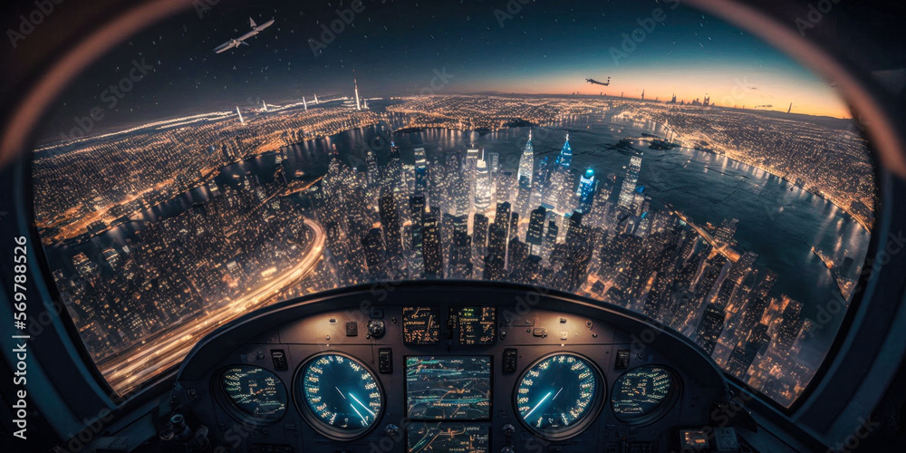 ภาพประกอบสต็อก Aircraft cockpit view of New York City at night. Pilot pov of flight over NYC ...