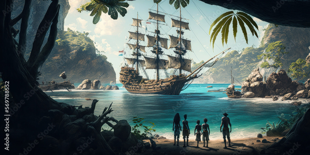 Pirate crew on the beach waiting to onboard the arriving ship. A group ...