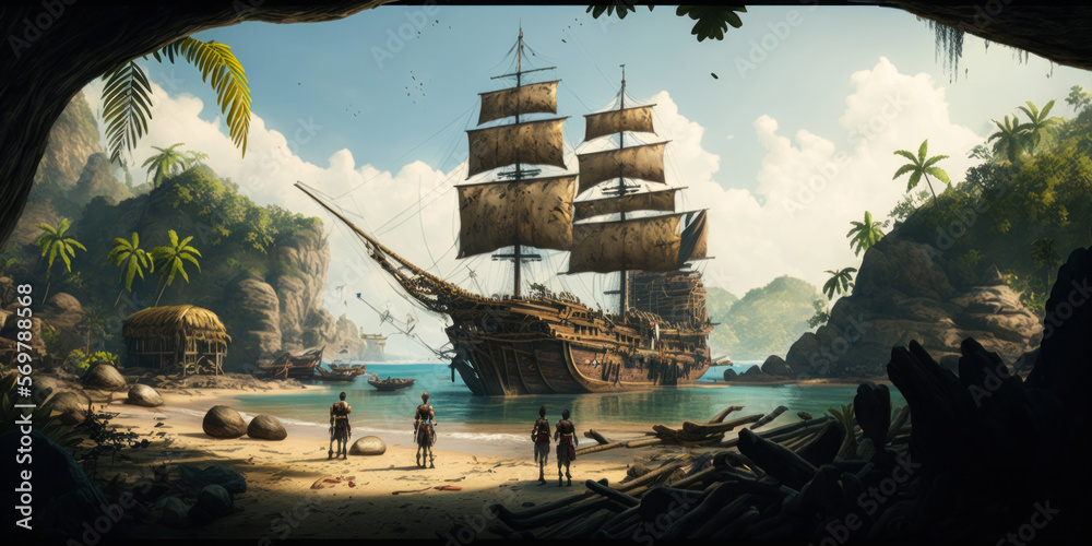 Pirate crew on the beach waiting to onboard the arriving ship. A group ...