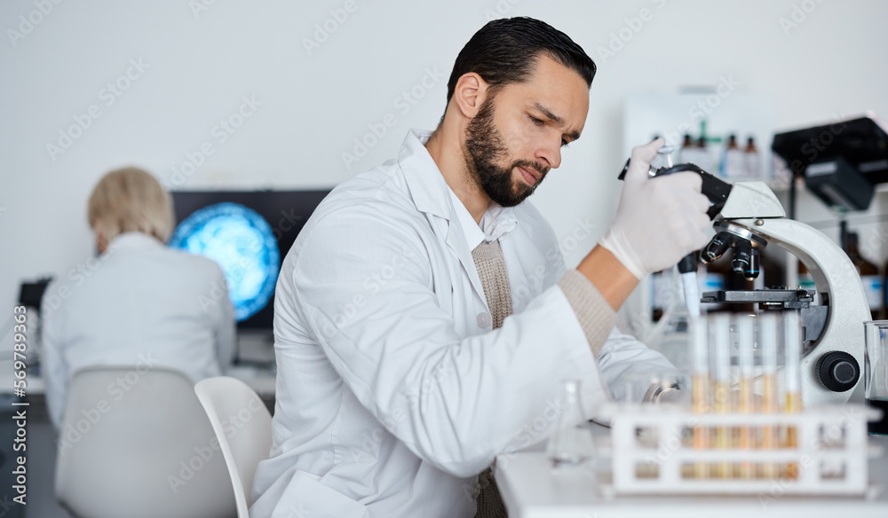 Scientist, man and research in laboratory with dropper, test tubes and ...
