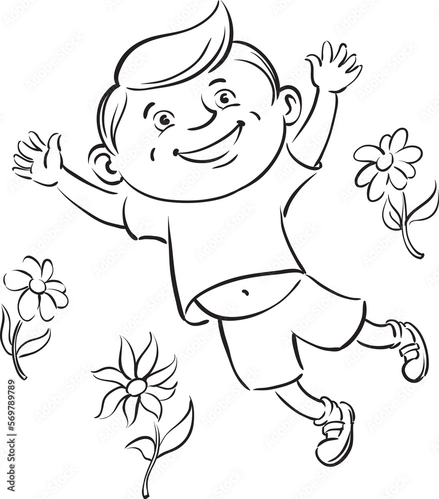 coloring book boy jumping with flowers - PNG image with transparent ...