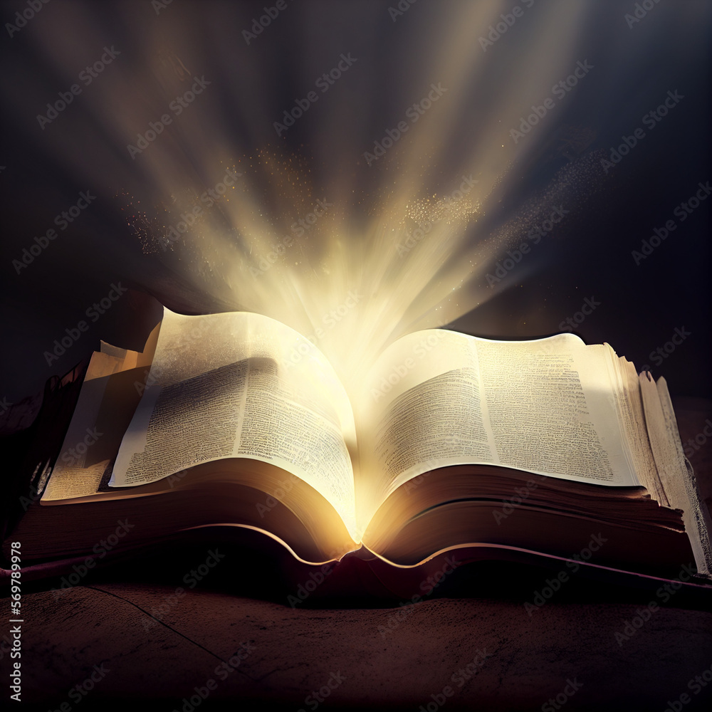 An open Bible with rays of light coming out of it.generative ai Stock ...