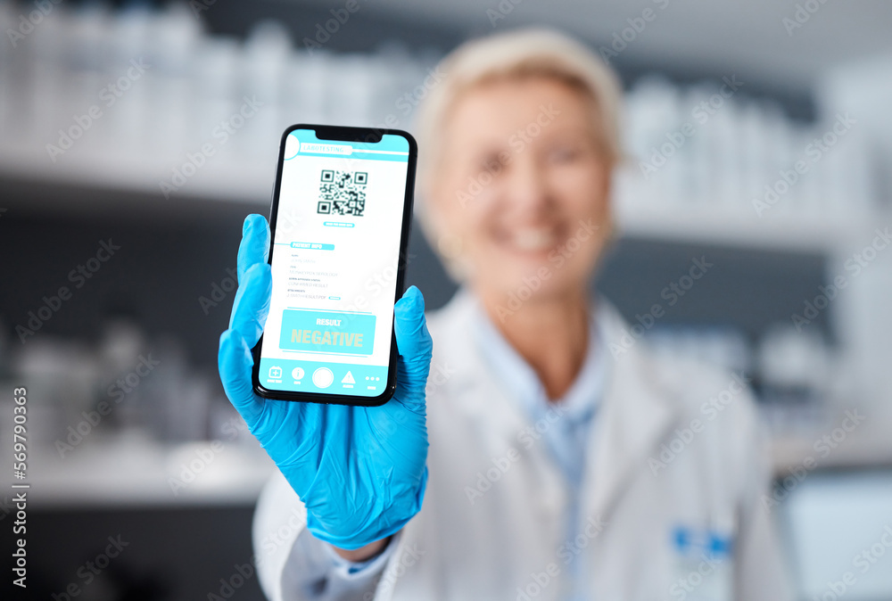 Phone, screen and doctor woman with QR code for drugs test results ...