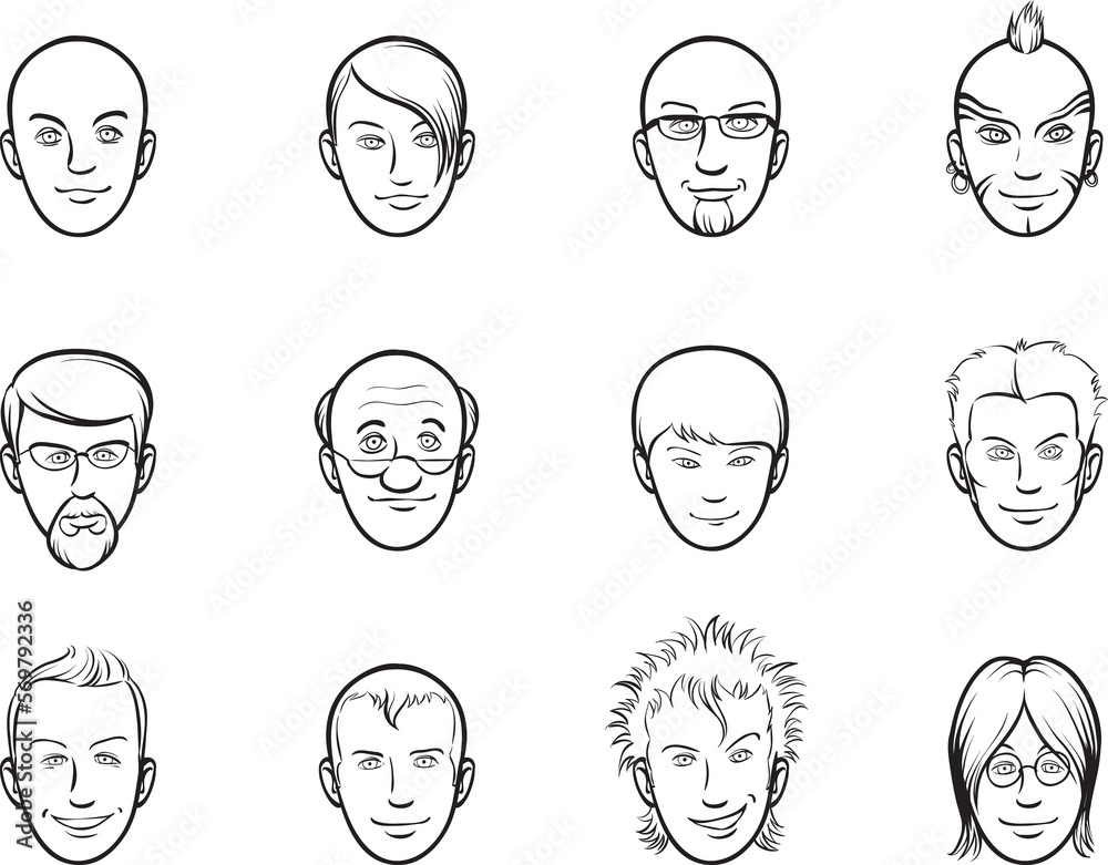 whiteboard drawing cartoon avatar various men faces - PNG image with ...