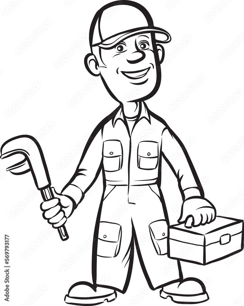 whiteboard drawing cartoon plumber with wrench and toolbox - PNG image ...