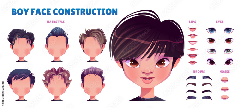 Asian boy avatar construction. Male kid face generator with head parts ...