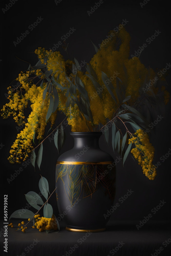 still life oil painting of wattle flowers in a vase with a black ...