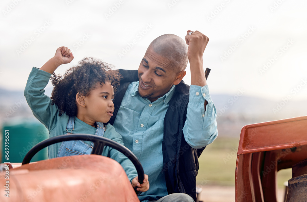 Farming, dad and child celebration of farm and countryside work on a ...
