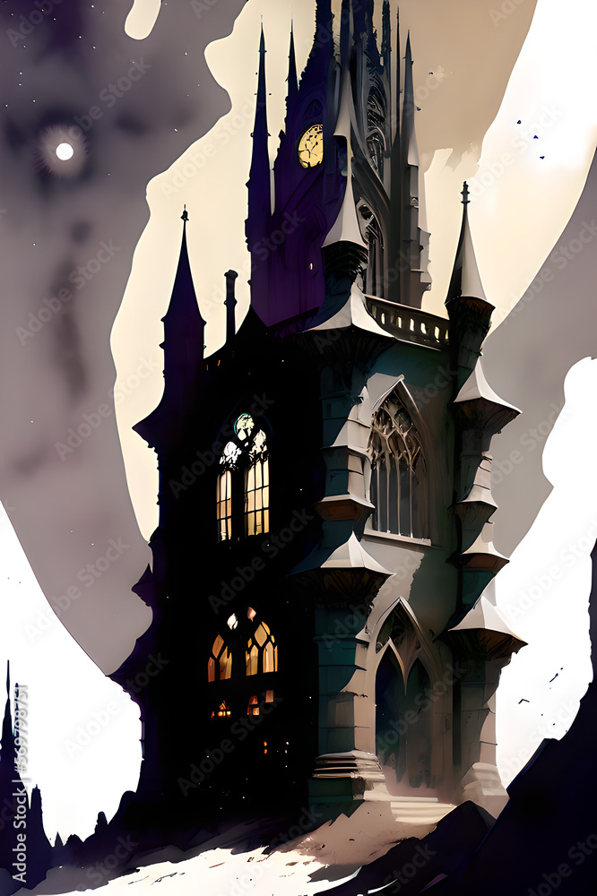 A towering magical gothic school, cathedral-like, high observation ...