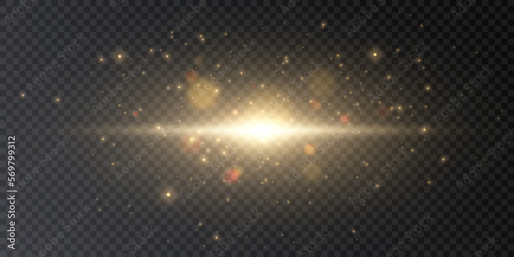 Glow of gold stars of light on a transparent background. Blurred light ...