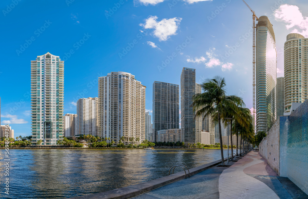 Miami, Florida cityscape views from Miami River Walk. There is a ...