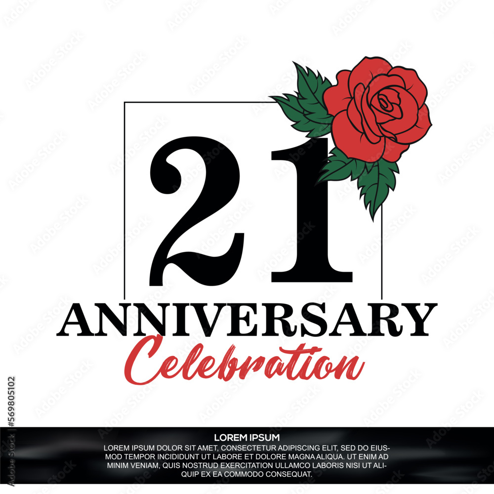 21st anniversary celebration logo vector design with red rose flower ...