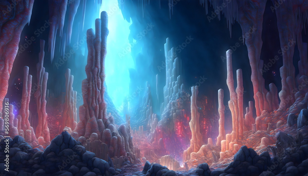 fantasy cave landscape with stalagmites and stone formations created ...