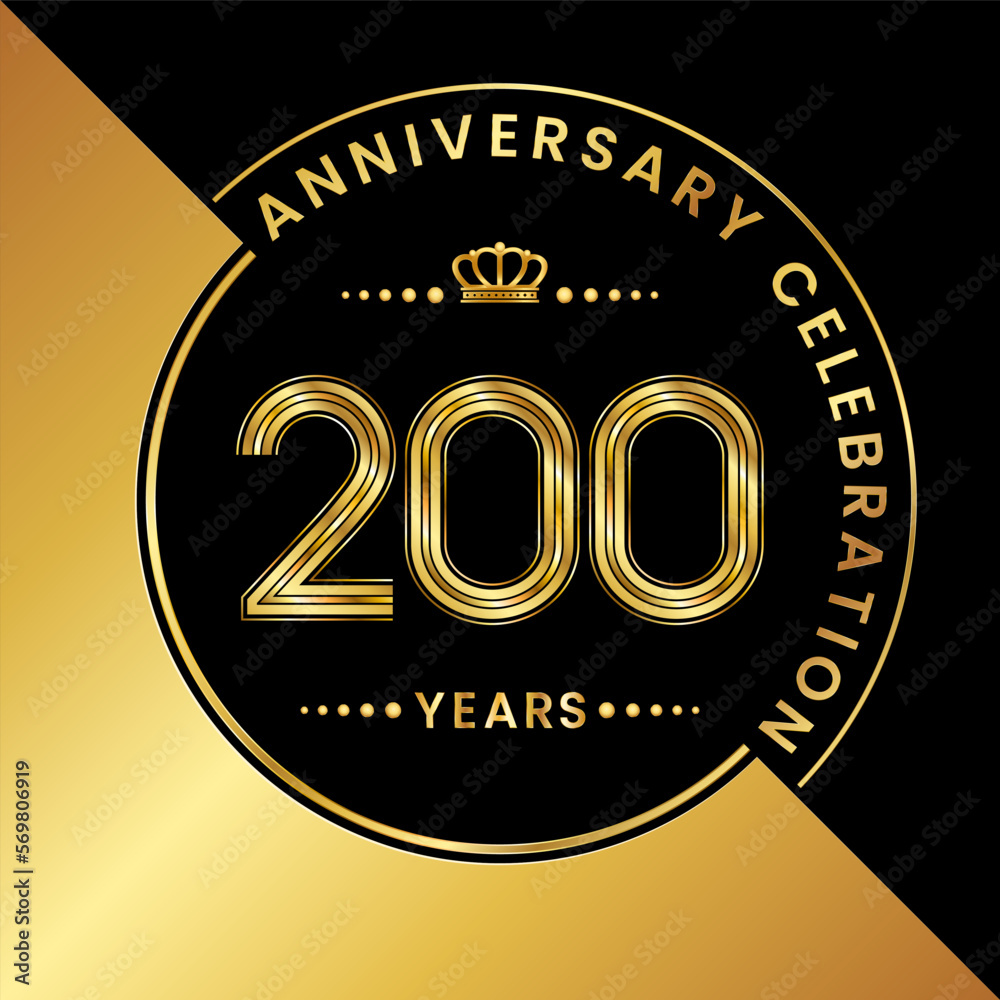 200th Anniversary. logo design with golden numbers and text for ...