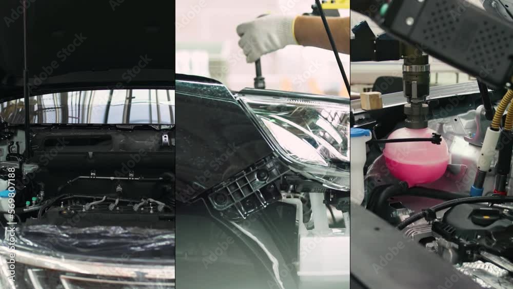 Collage video, automobile plant, work on the engine installation, view ...