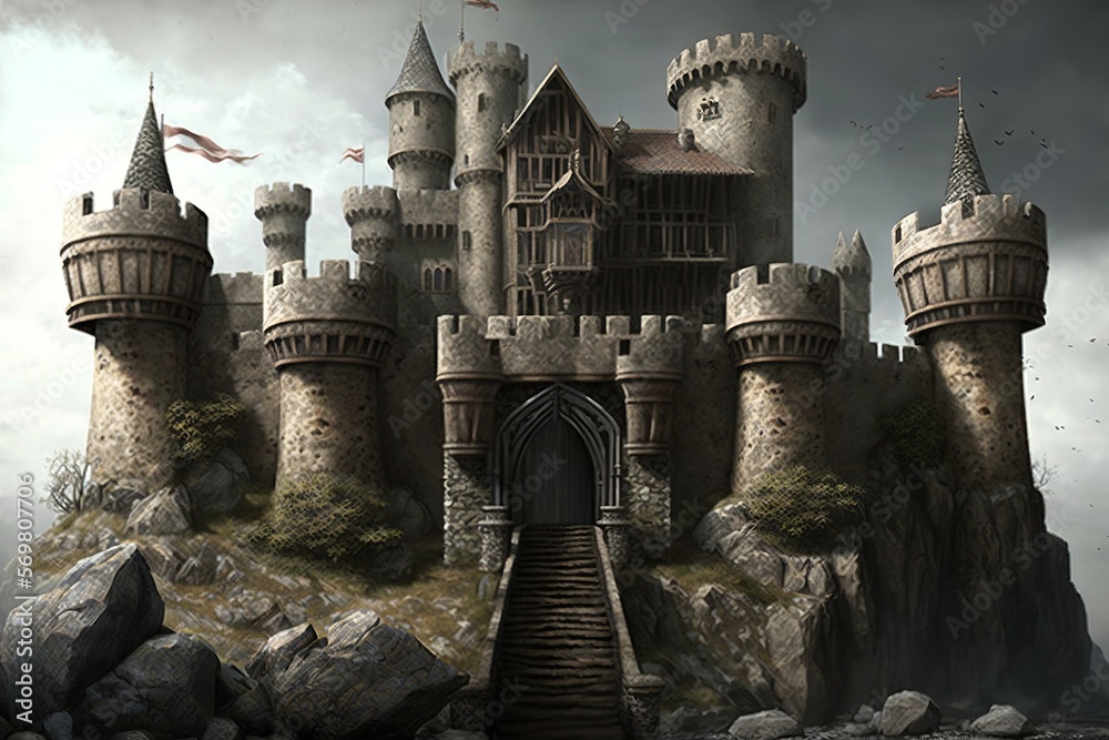 Big medieval castle with bastion, towers and gate Stock Illustration ...