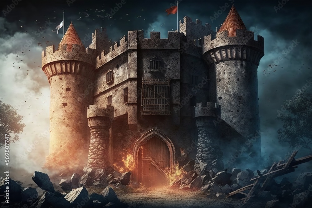 Big medieval castle with bastion, towers and gate at night under siege ...