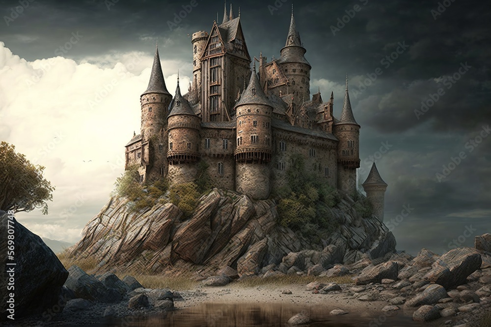 Big medieval castle on a cliff with bastion, towers and gate ...