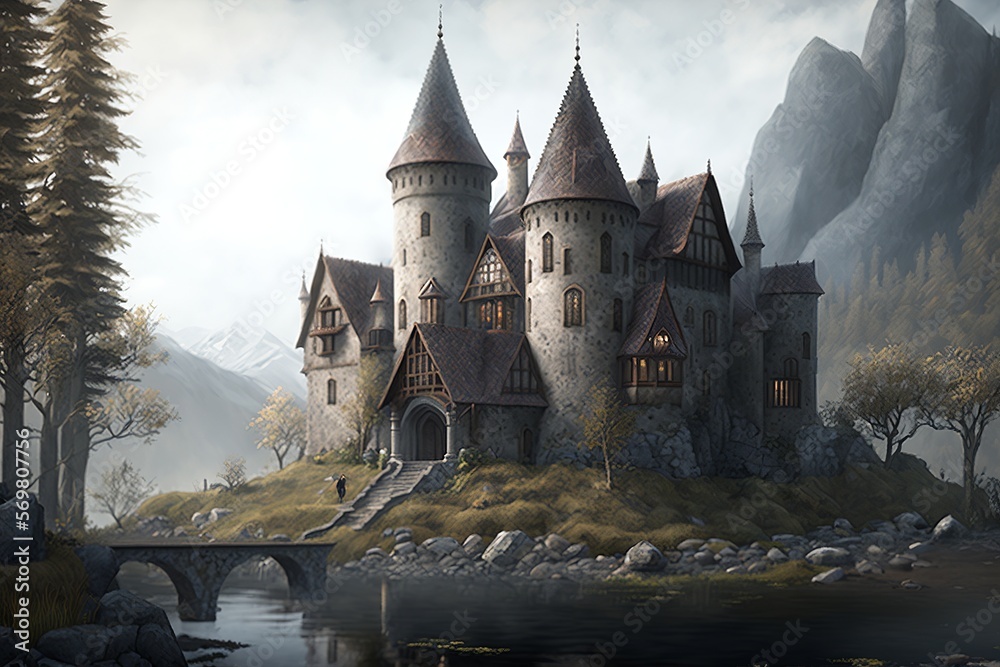 Big medieval castle with bastion, towers and gate Stock Illustration ...