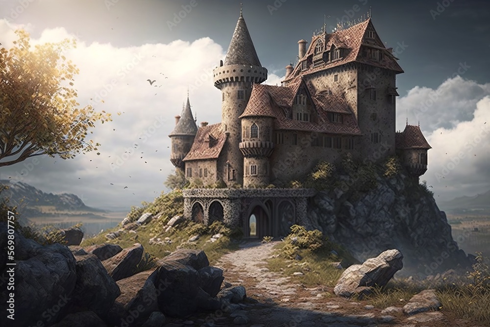 Big medieval castle on a cliff with bastion, towers and gate Stock ...