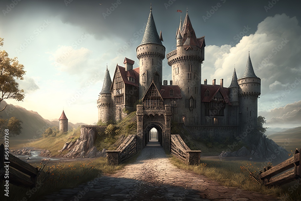 Big medieval castle with bastion, towers and gate Stock Illustration ...