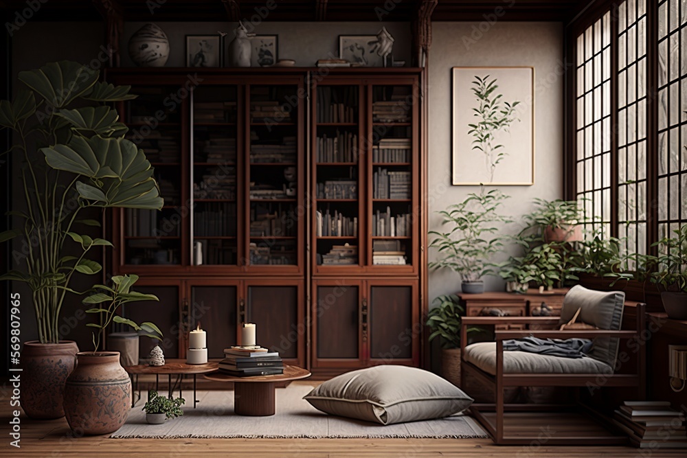 Japandi interior style study room with plants, armchair anda small ...