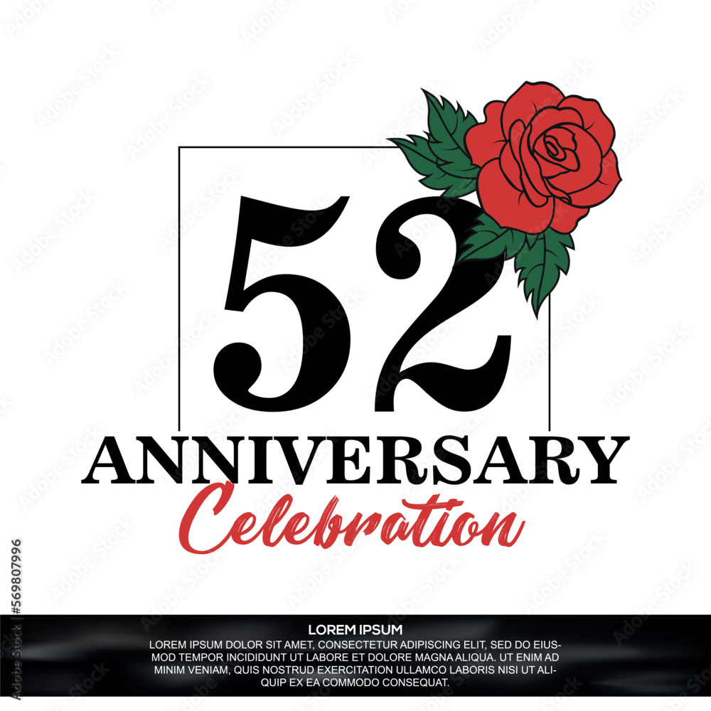 52nd anniversary celebration logo vector design with red rose flower ...