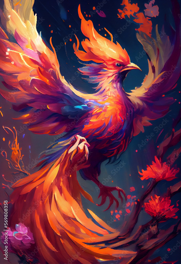 A charming portrait of a fire phoenix with a dynamic pose is depicted ...