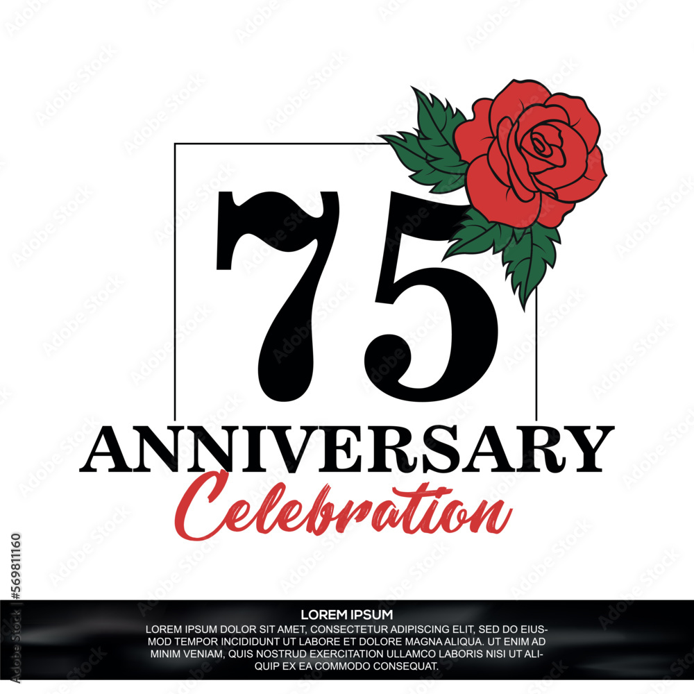 75th anniversary celebration logo vector design with red rose flower ...