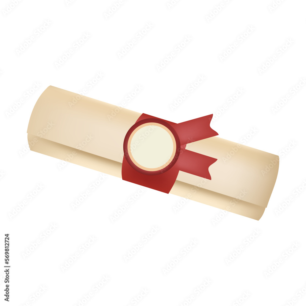 Diploma, close up of paper scroll with yellow ribbon isolated on white ...