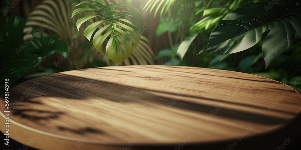 Table top podium stage with tropical scene background for products ...