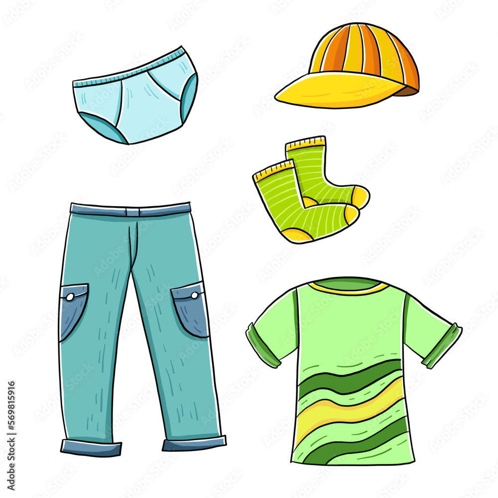 Hand drawn colorful cartoon vector illustration with children clothing ...