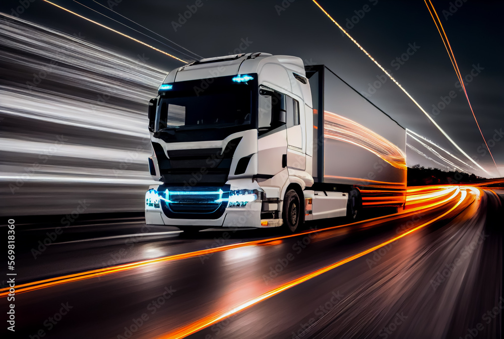 Truck driving on highway at night, car headlight light trail speed ...