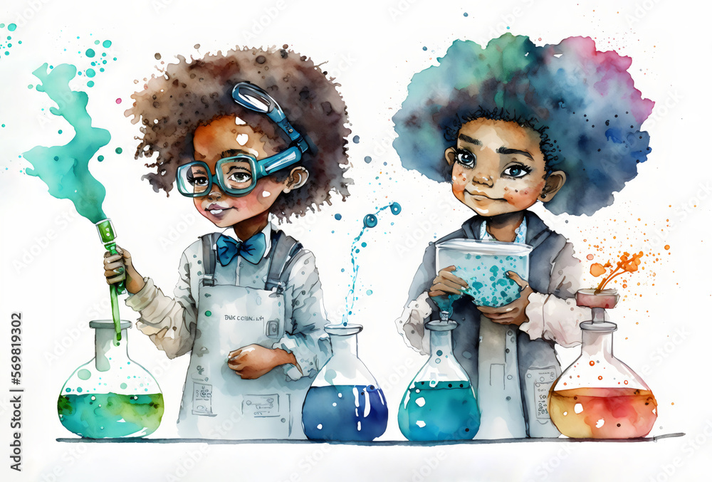 watercolor painting of kids doing scientific experiments created with ...