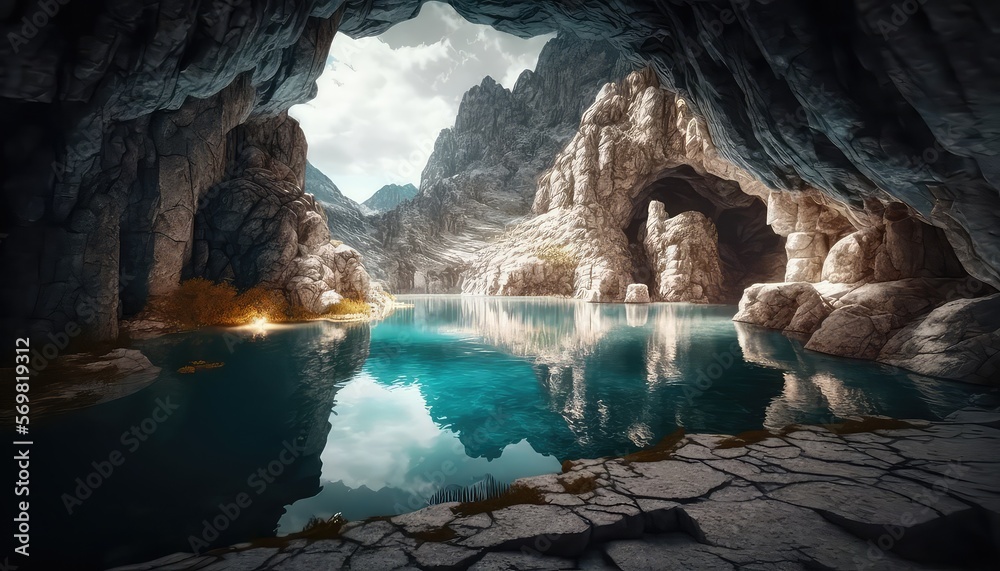 underground lakes in a marble cave. Crystal clear water, spring, rocks ...