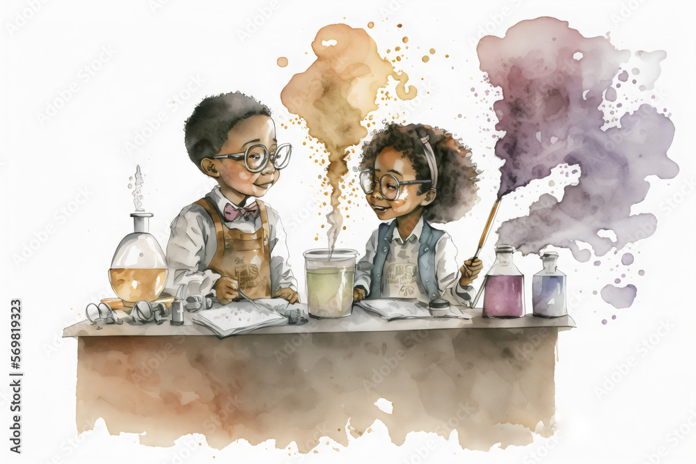 watercolor painting of poc girl and boy doing scientific experiments ...