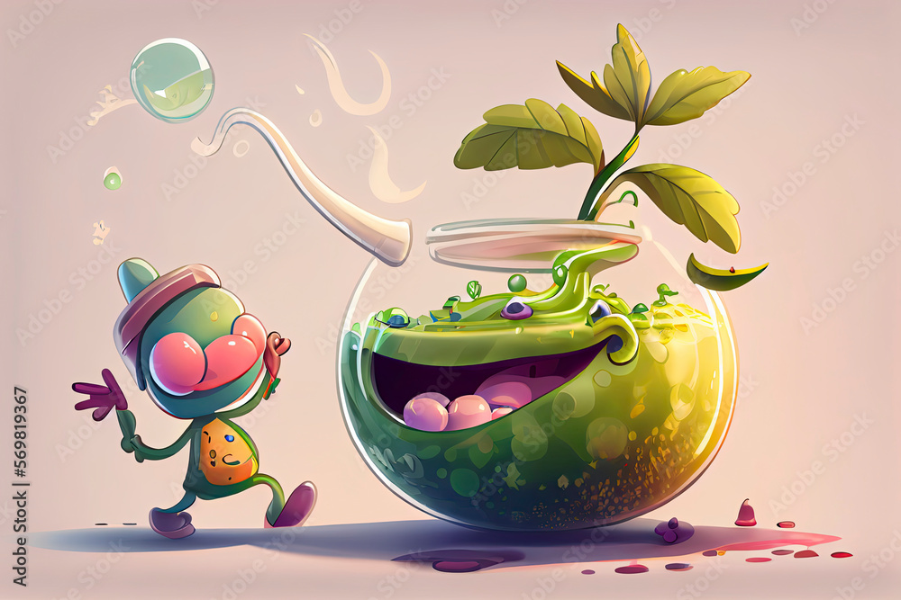A cheerful pot cartoon character getting high and smoking a glass water ...