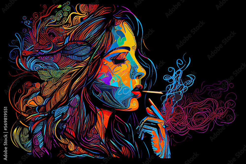 Colourful psychedelic line art with the abstract smoking woman Stock ...